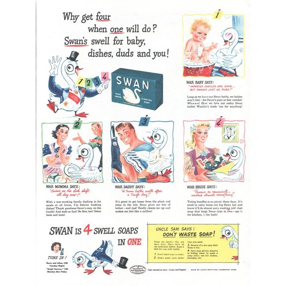Swan Soap | Art | 944 Swan Soap Vintage Print Ad Ww2 War Baby Momma Daddy Bride Cartoon Wall Art ...